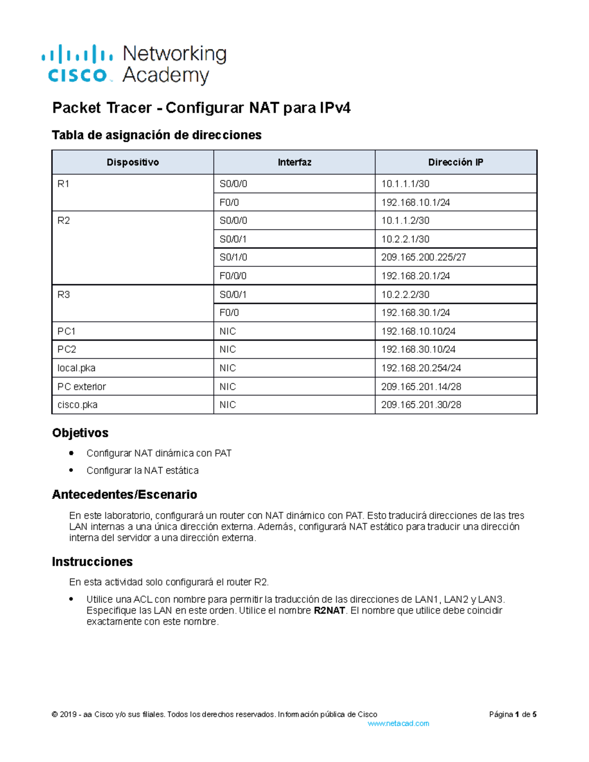 6.8.1 Packet Tracer - Configure NAT for IPv4 - ILM - Tabla de asignación de direcciones ...
