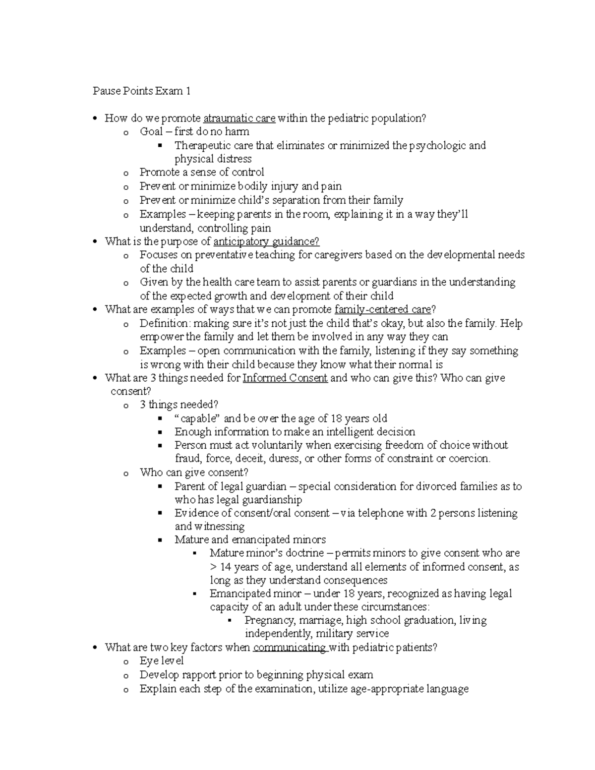 Peds pause questions exam 1 - Pause Points Exam 1 How do we promote ...