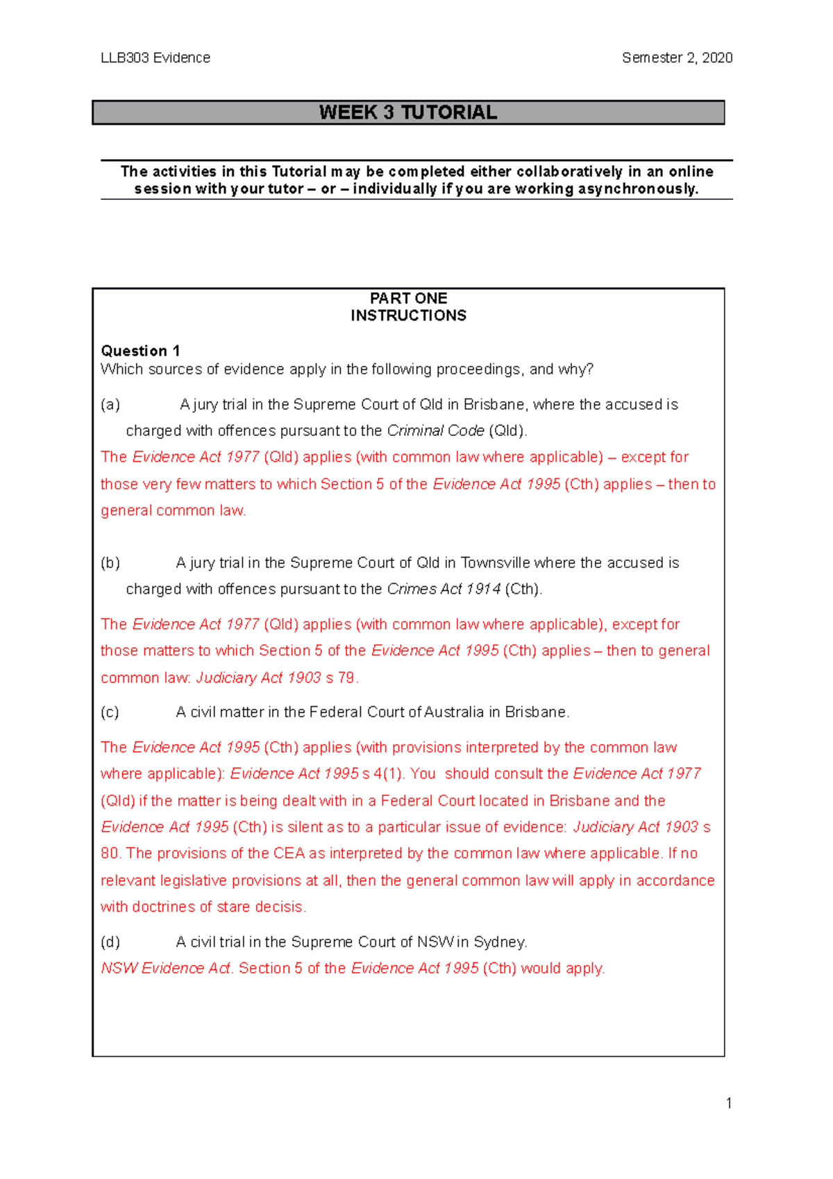 LLB303 Evidence Week 3 Tutorial Questions - WEEK 3 TUTORIAL The ...