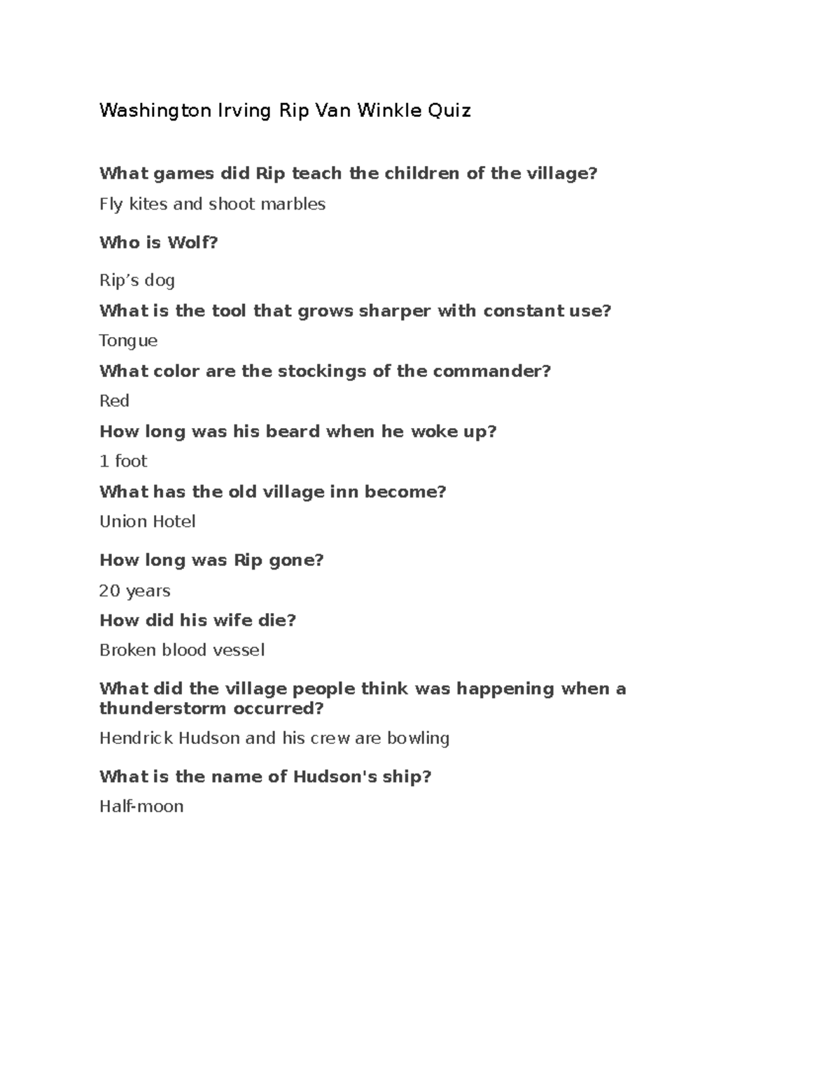 Washington Irving Quiz - Rip Van Winkle - ENGL-2327 - TCCD - Studocu