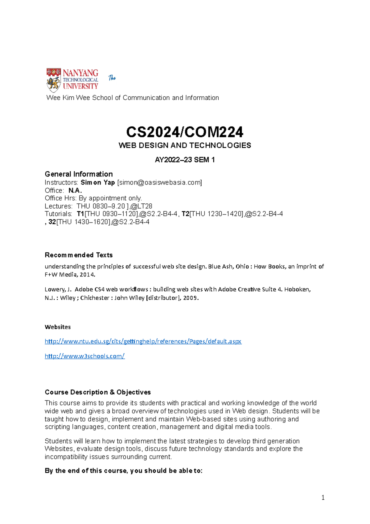 CS2024 S1AY2223 Approved Course Syllabus - Final VER - Wee Kim Wee School of Communication and ...