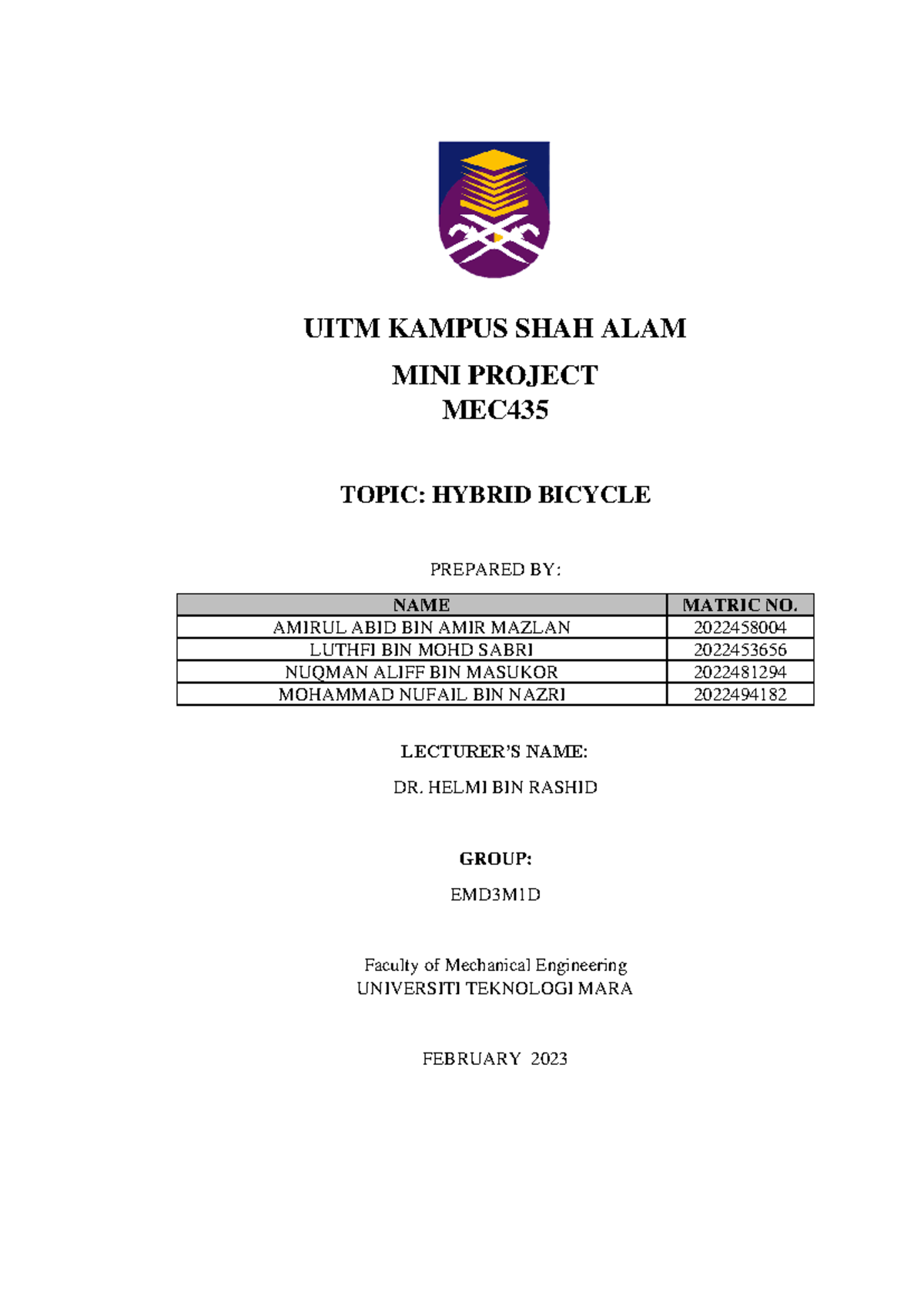MINI Project MEC 435 ( Bicycle) - UITM KAMPUS SHAH ALAM MINI PROJECT ...
