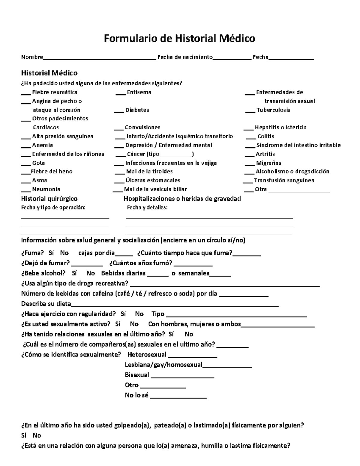 Historial medico - Apuntes 4 - Formulario de Historial Médico Nombre ...