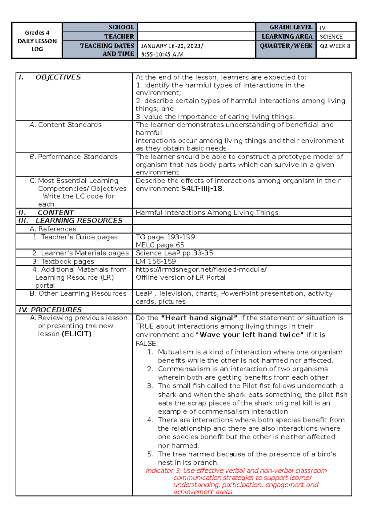 Q2 CO1 Week-8- Science 4 - Grades 4 DAILY LESSON LOG SCHOOL GRADE LEVEL ...