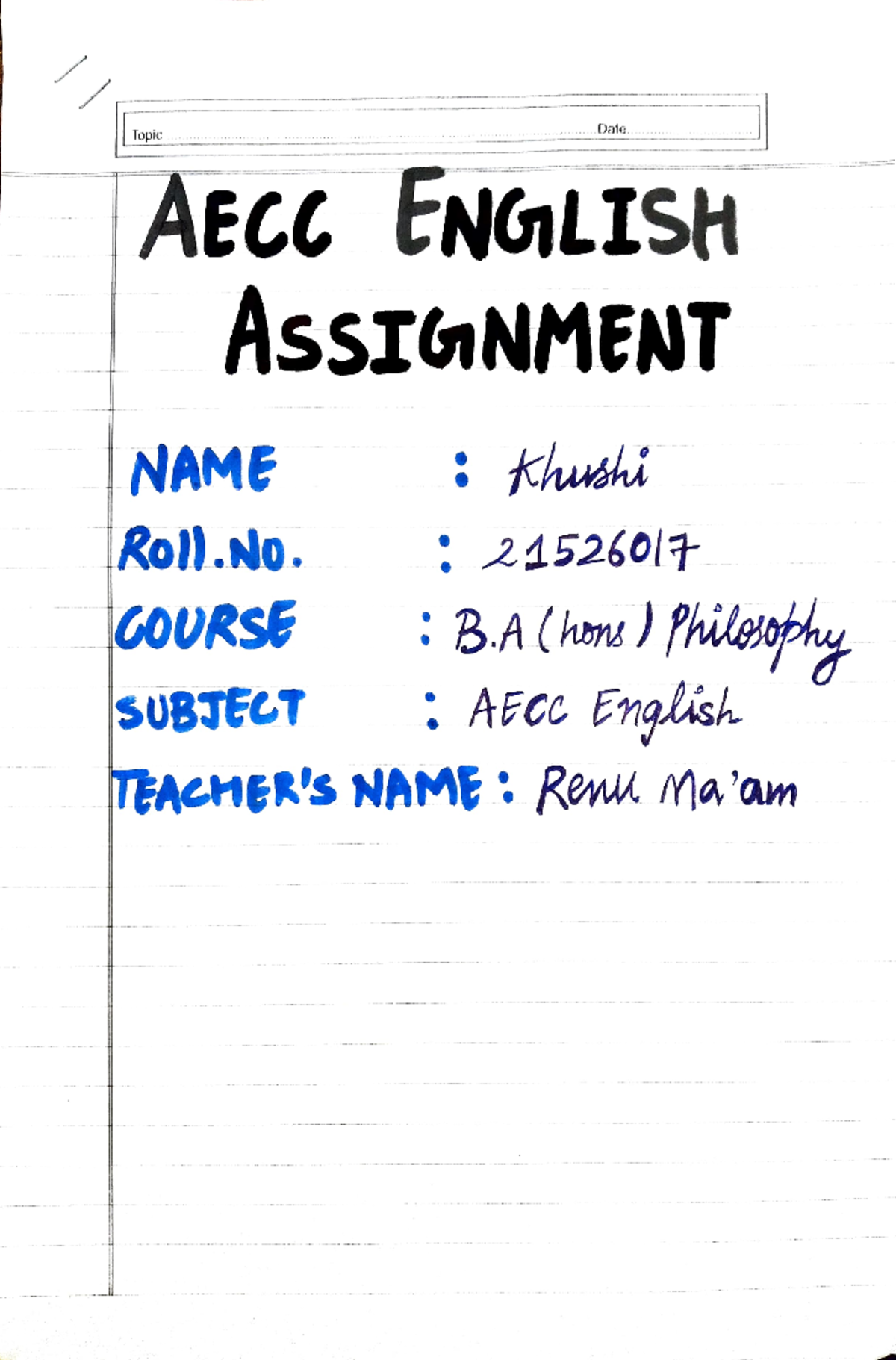 English assignment - Topic. Dale.....* AECC ENGLISH AssICINMENT NAME ...