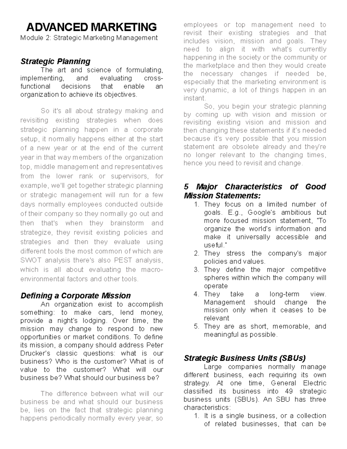 Module 2 Strategic Marketing Management - ADVANCED MARKETING Module 2 ...