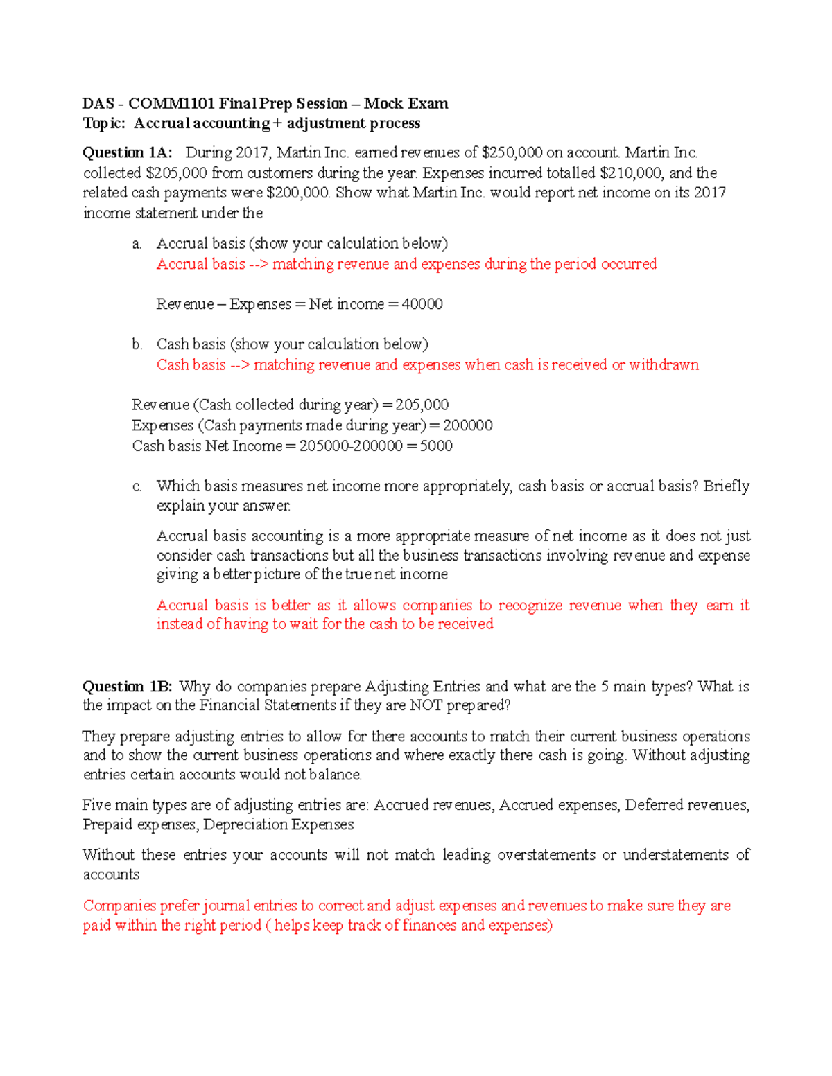 Intro Accounting Prep Session Mock Exam - DAS - COMM1101 Final Prep ...