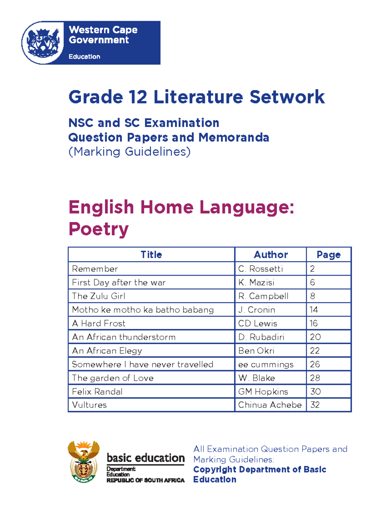 Gr12 Exams Setwork Poetry X1a - Grade 12 Literature Setwork NSC and SC ...