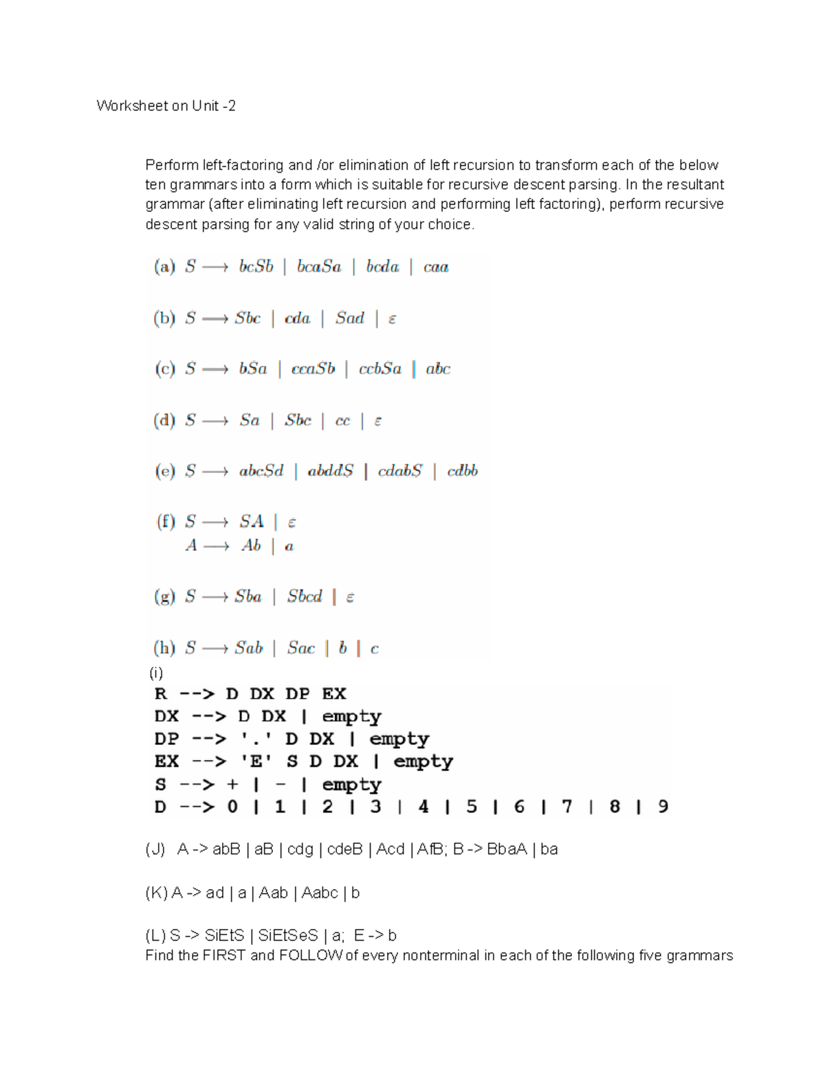 CD Worksheet CT 2 - Worksheet on Unit - Perform left-factoring and /or ...
