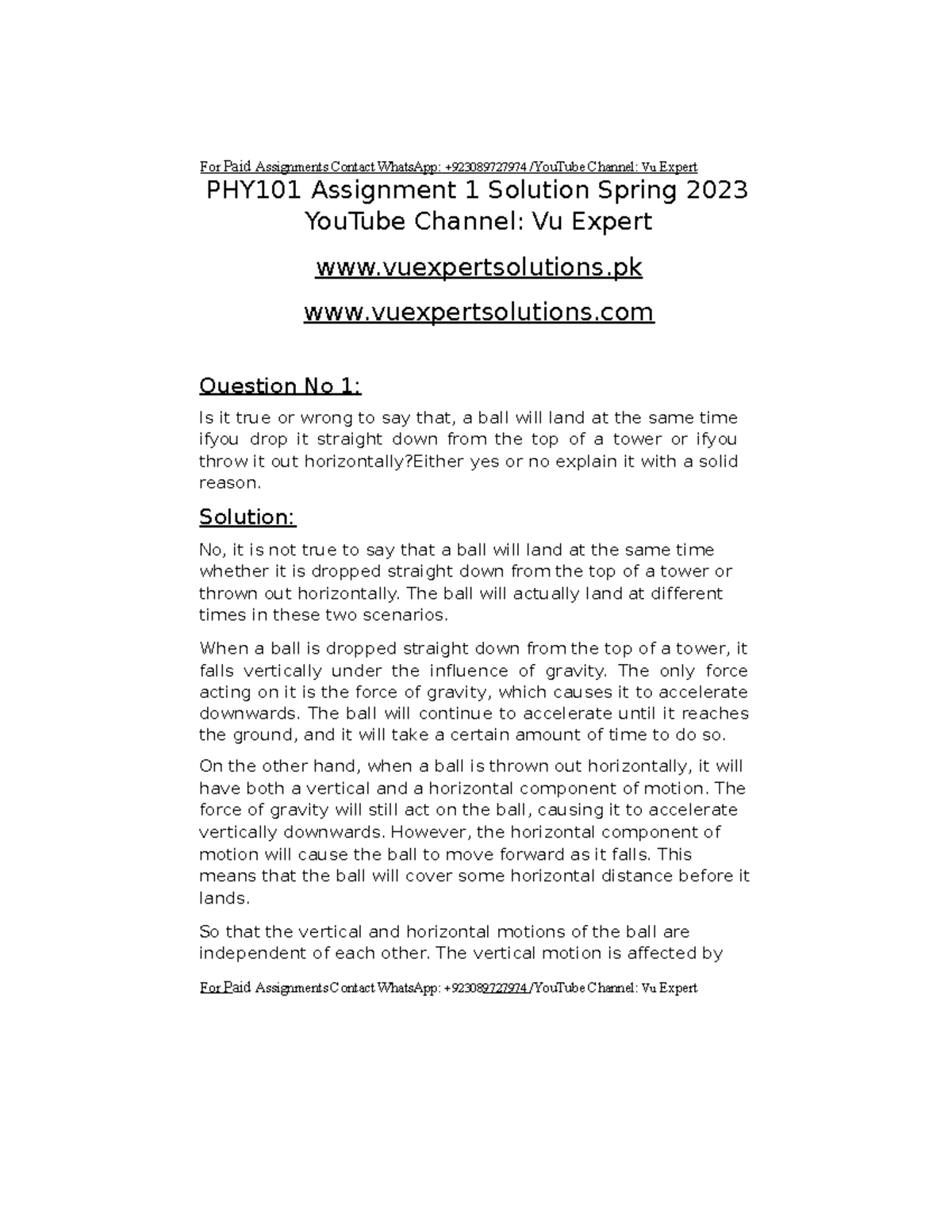 mgt502 quize 1 2023 - PHY101 Assignment 1 Solution Spring 2023 YouTube Channel: Vu Expert - Studocu