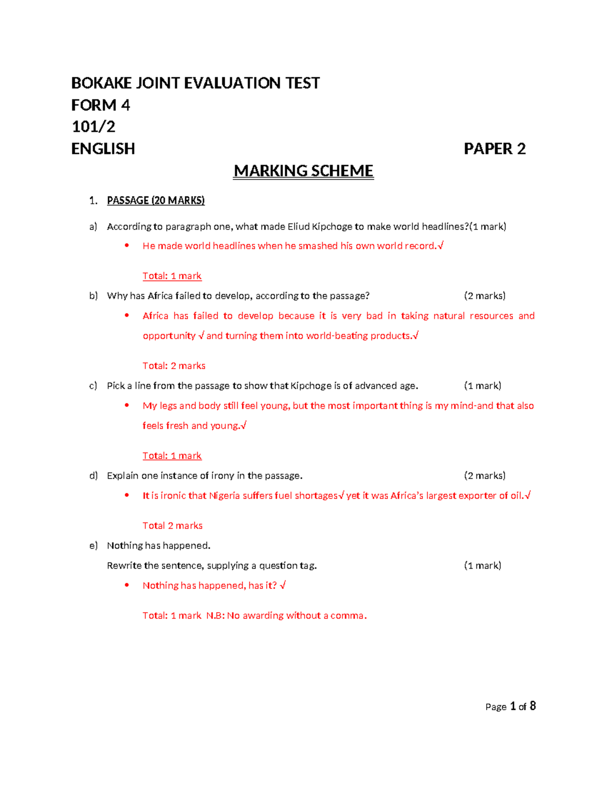 English PP2 MS - The above is a revision paper and it's marking scheme ...