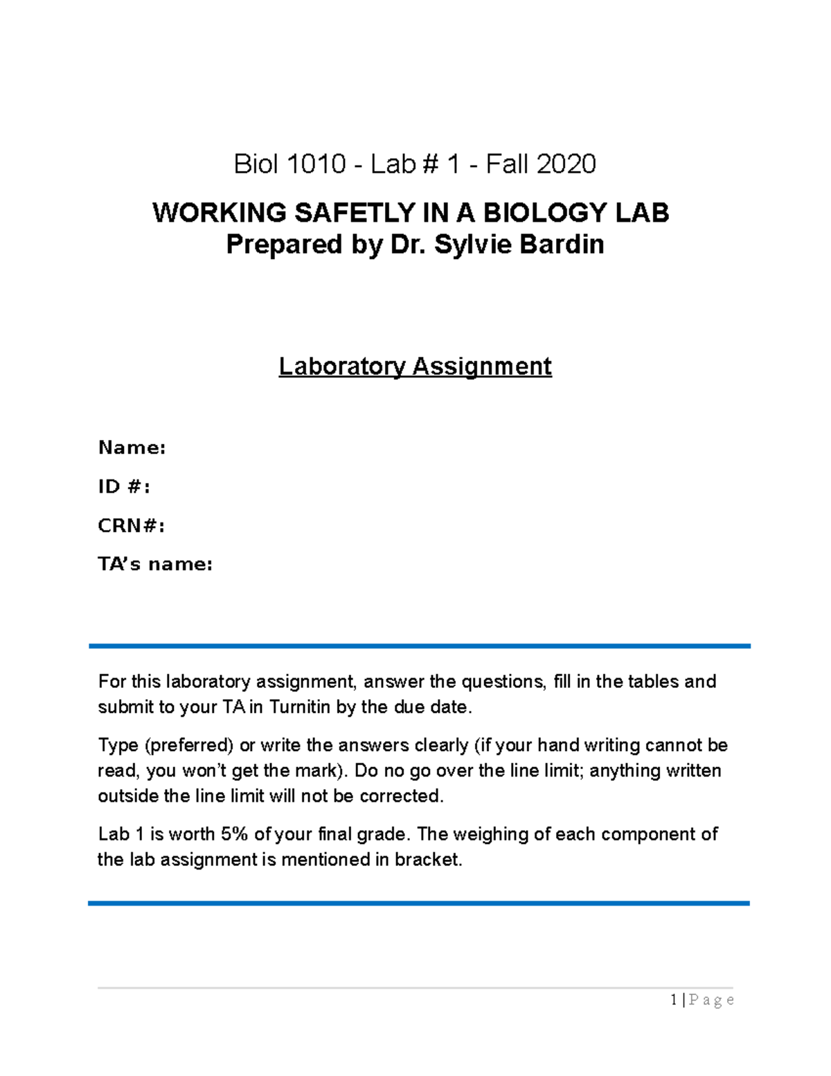 Lab#1 Assignment - Biol 1010 - Lab # 1 - Fall 2020 WORKING SAFETLY IN A ...