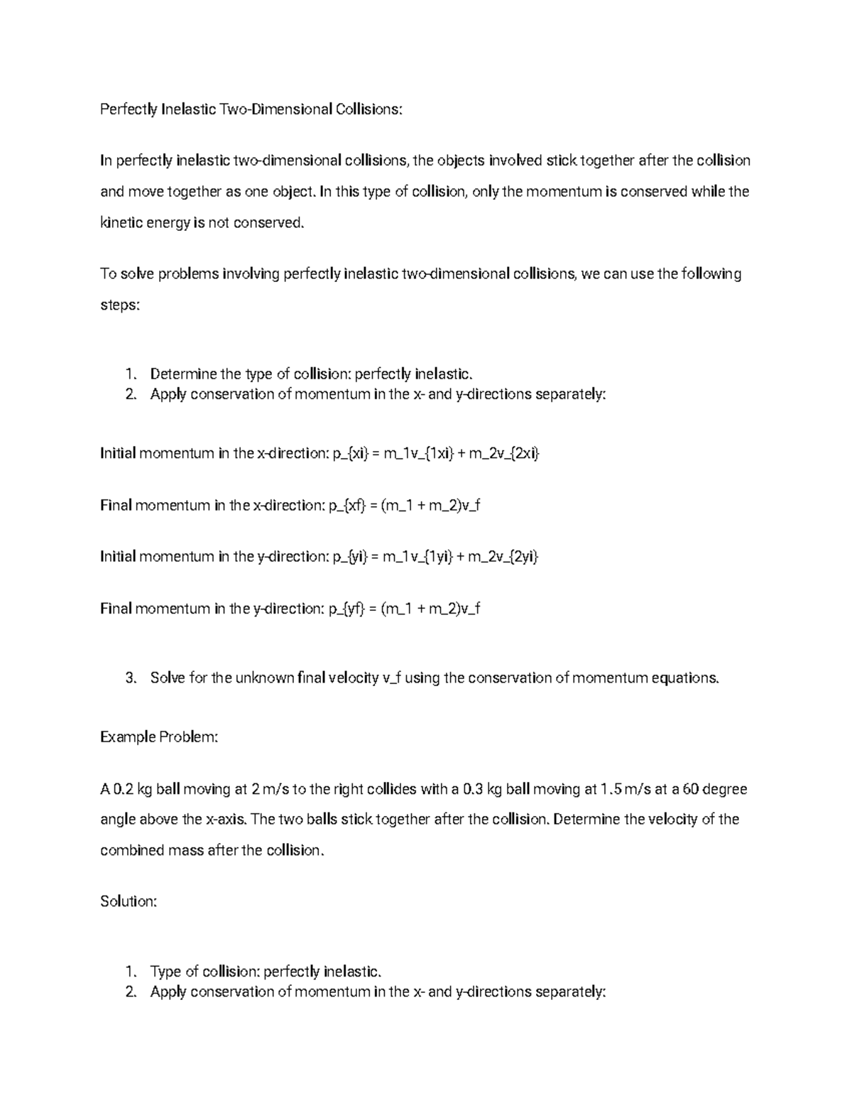 Perfectly Inelastic Two-Dimensional Collisions notes - Perfectly ...