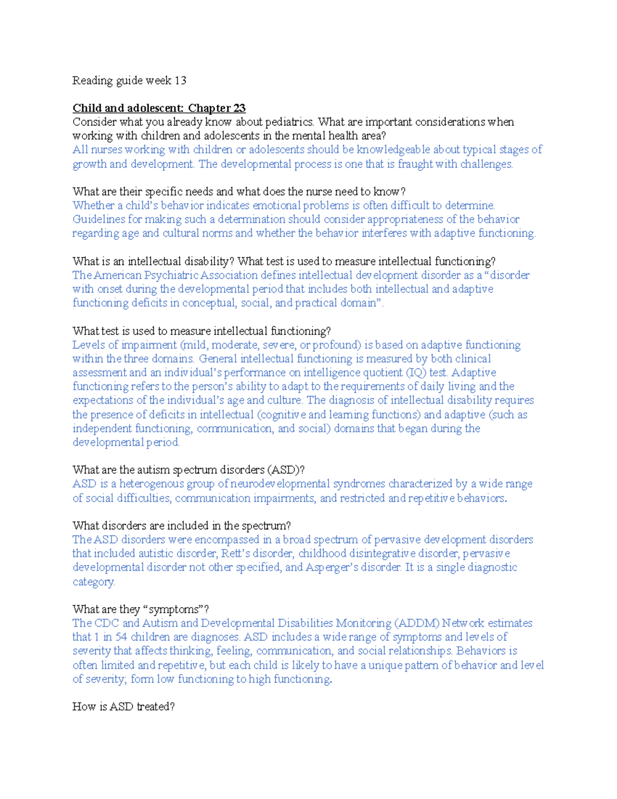Wk 13 reading guide - Reading guide week 13 Child and adolescent ...