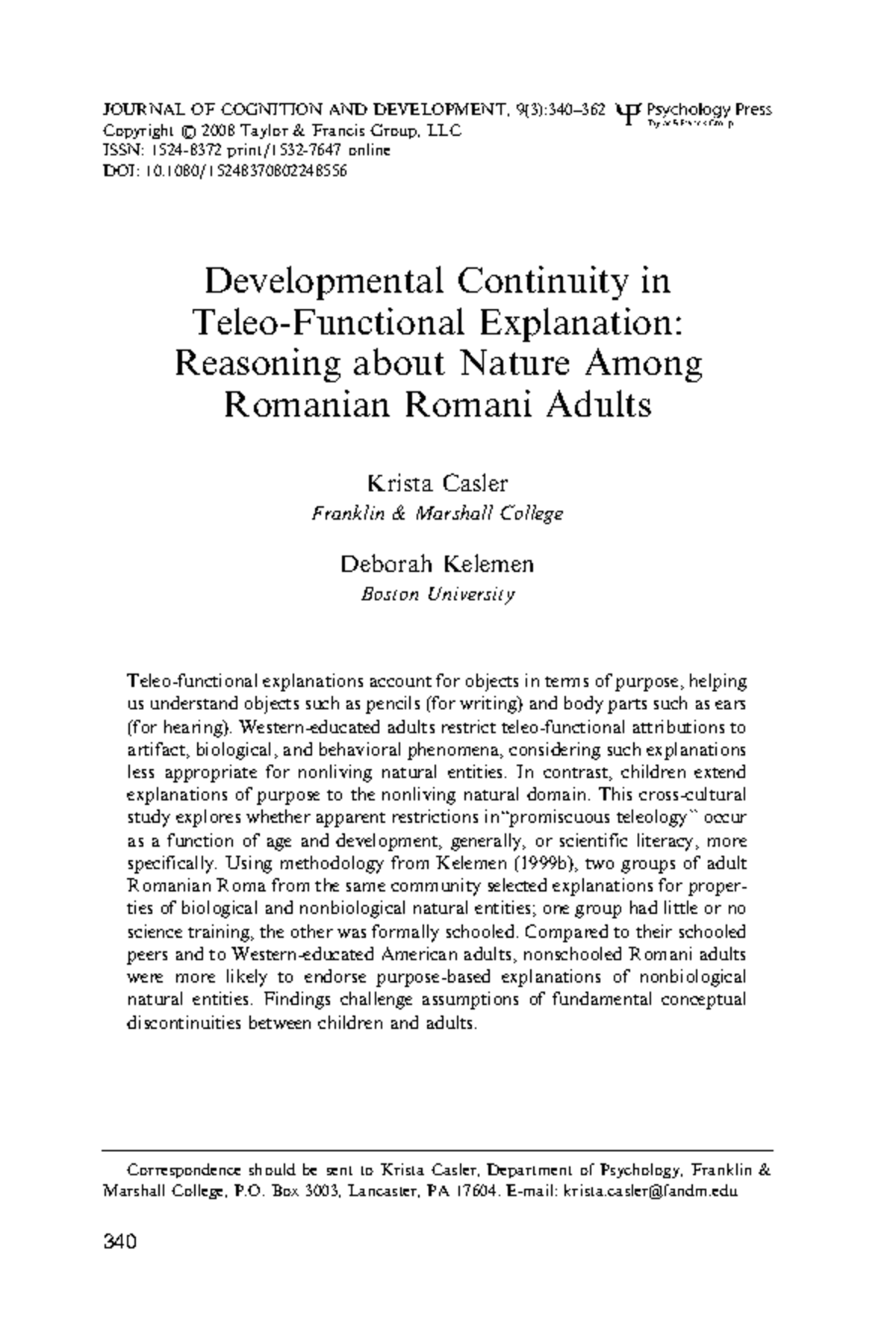 2008 Casler Kelemen - class reading - Developmental Continuity in Teleo ...