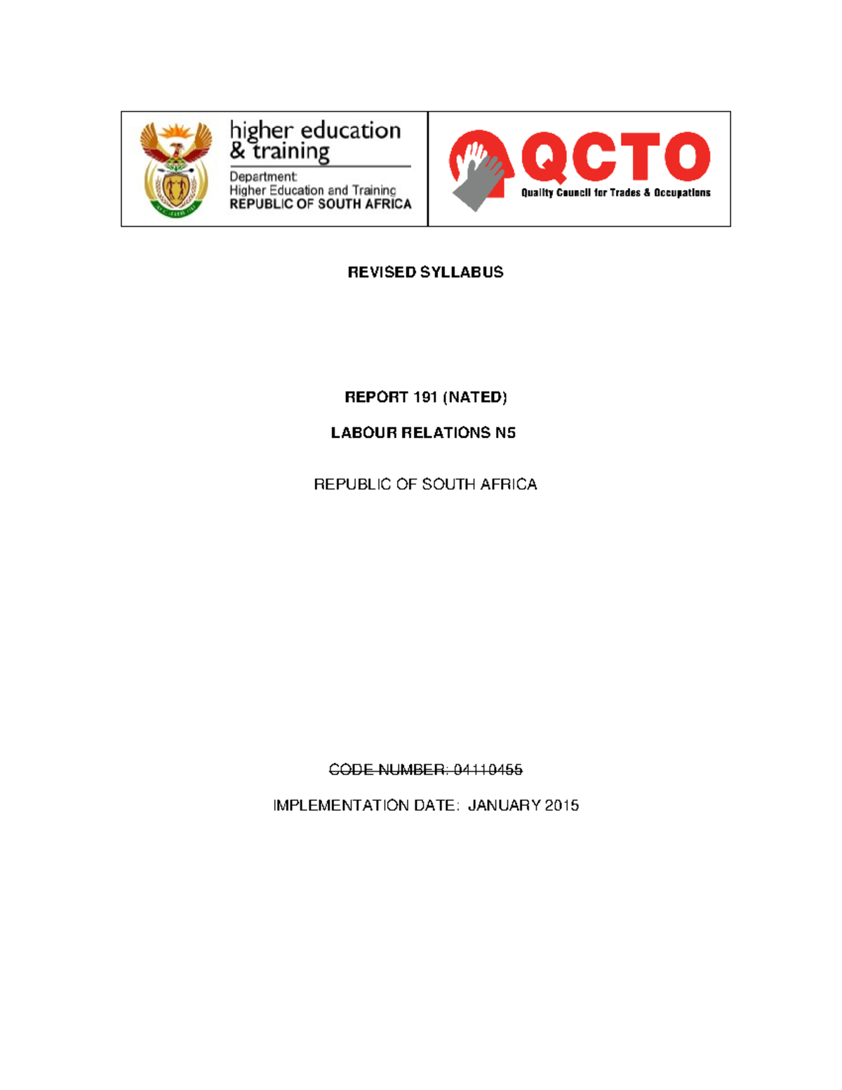 N5 Labour Relations - Gjj - REVISED SYLLABUS REPORT 191 (NATED) LABOUR ...