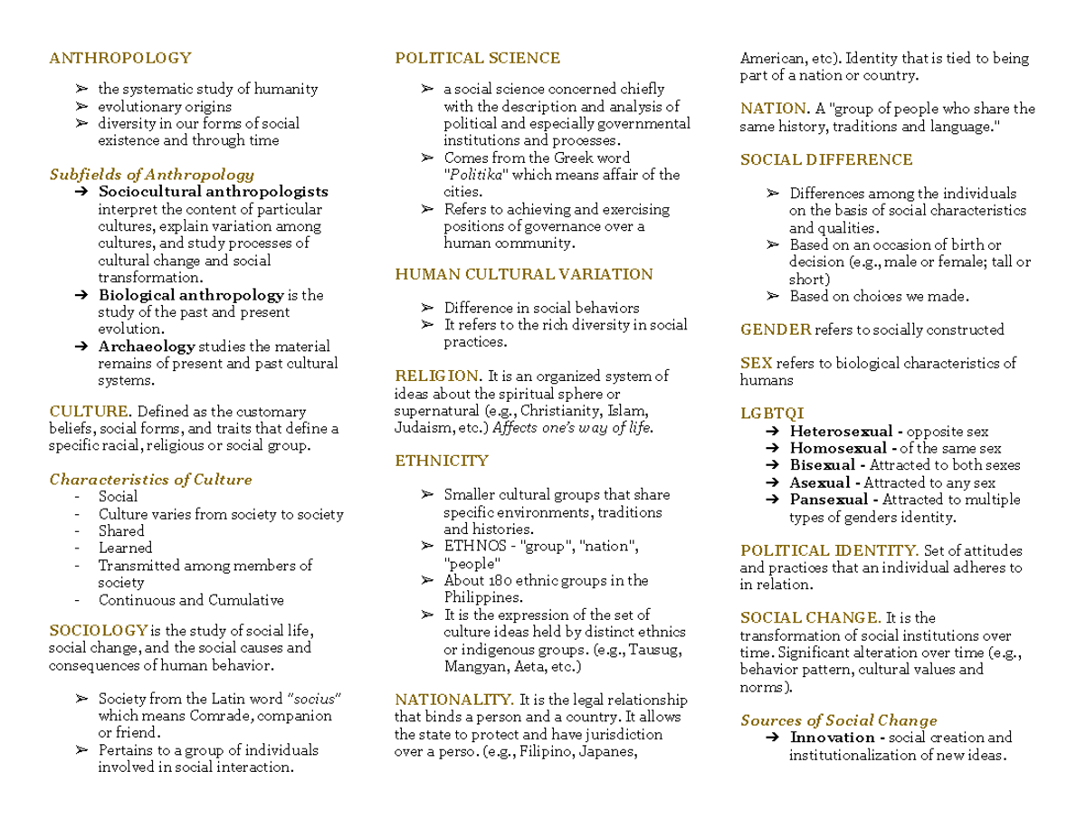 UCSP - ucsp reviewer - ANTHROPOLOGY the systematic study of humanity ...