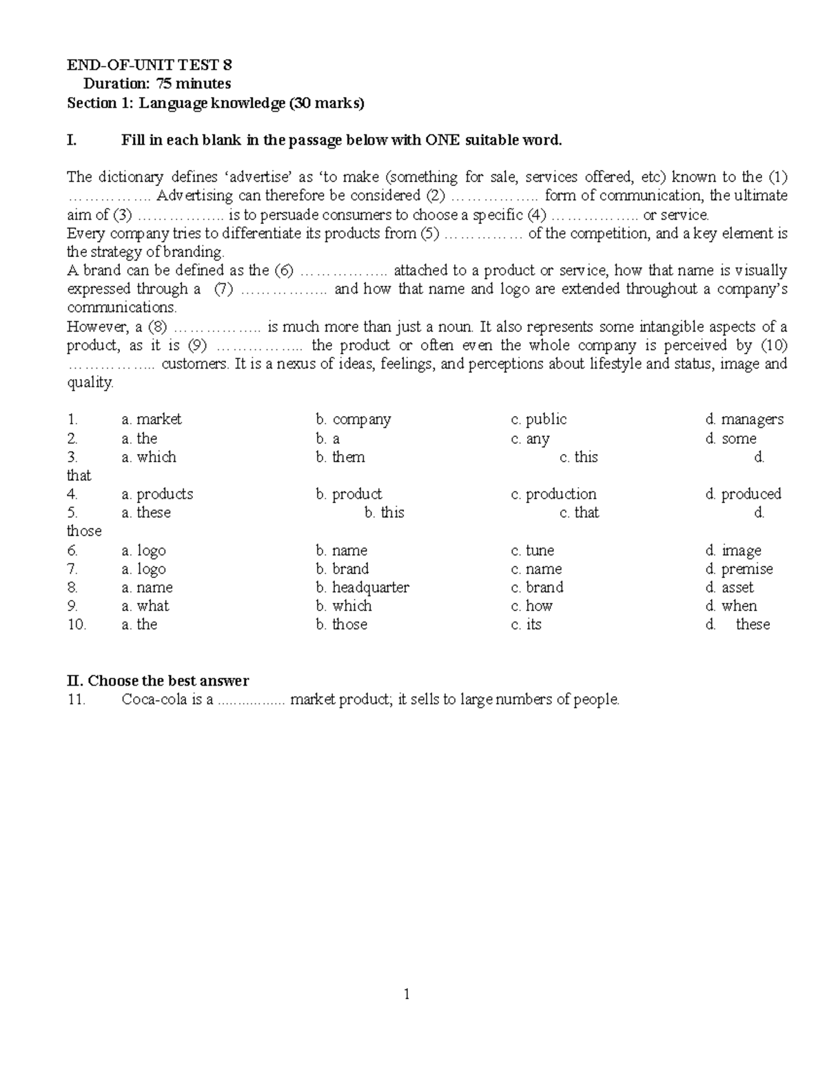 HP4 End of unit test 8 - END-OF-UNIT TEST 8 Duration: 75 minutes ...