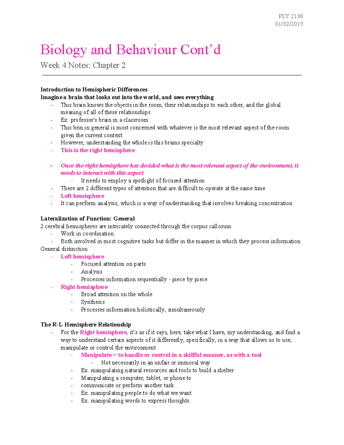 Week 4 Biology and Behaviour Cont'd - PSY 2100 01/02/2019 Biology and ...