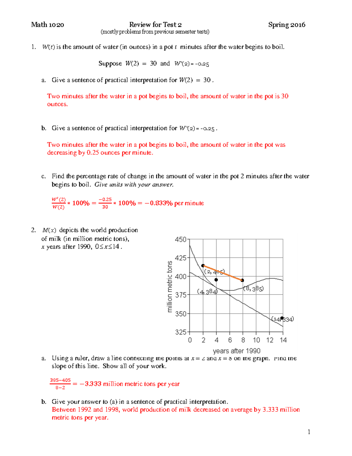 Math 1020-Answer key for review - Math 1020 Review for Test 2 Spring ...