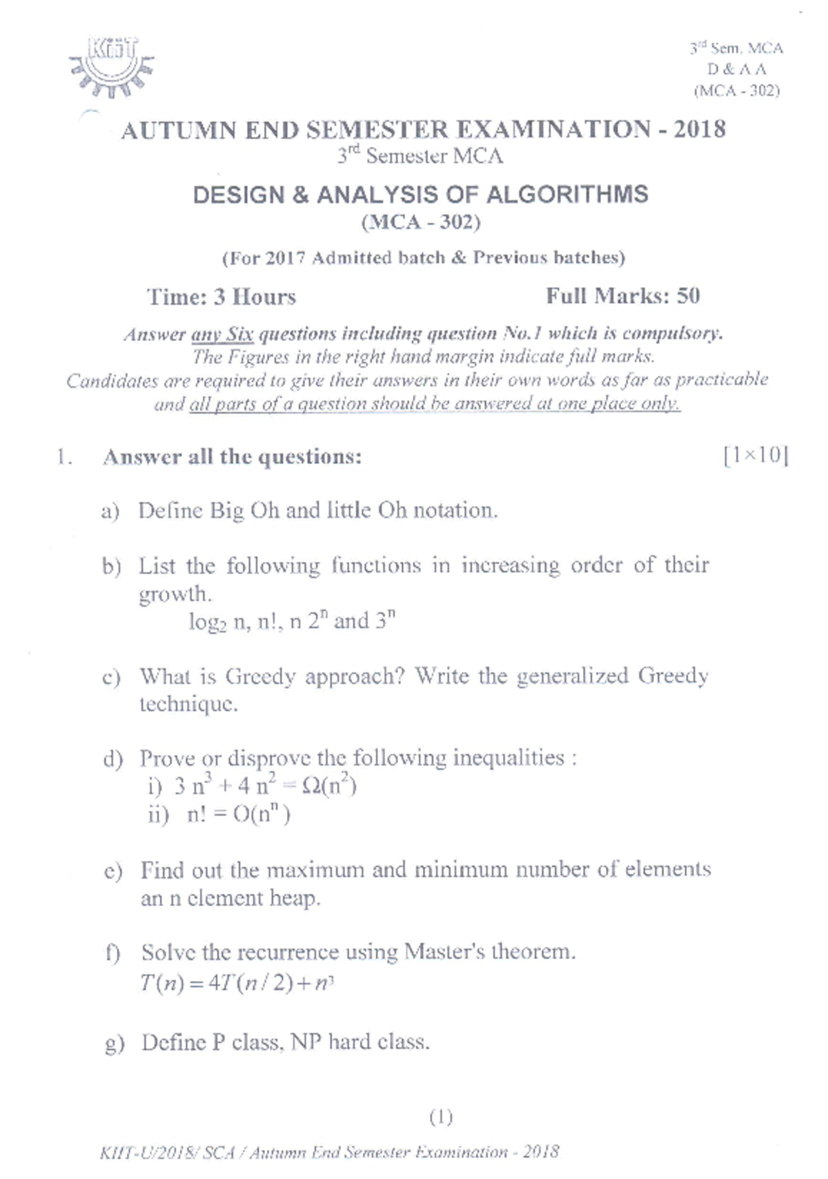 3rd Sem Mca Design And Analysis Of Algorithms Mca 302 Autumn End