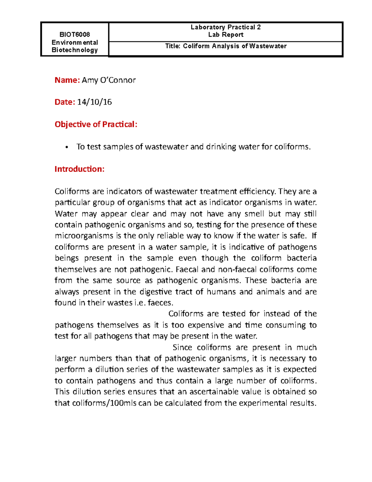 Lab report 2 template - coliform analysis - BIOT6008 Environmental ...