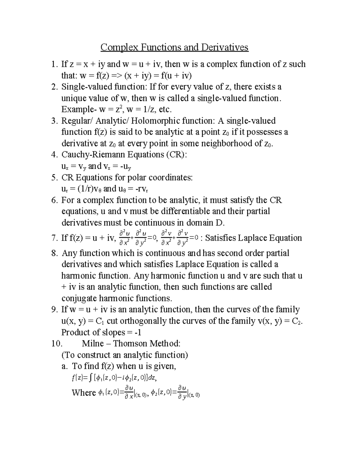 Complex Functions and Derivatives - If z = x + iy and w = u + iv, then ...
