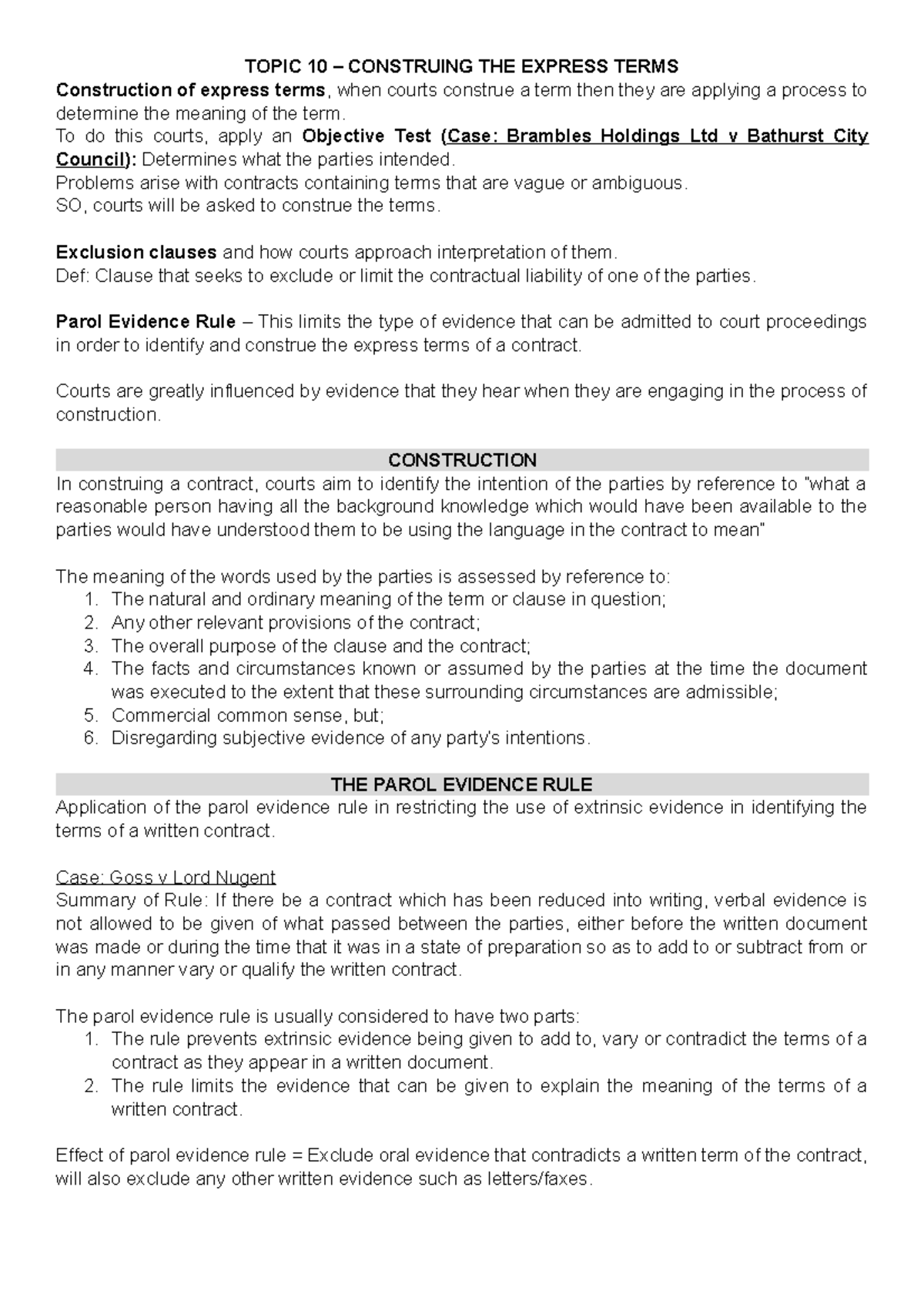 Topic 10 - Summary Contract Law I - TOPIC 10 CONSTRUING THE EXPRESS ...