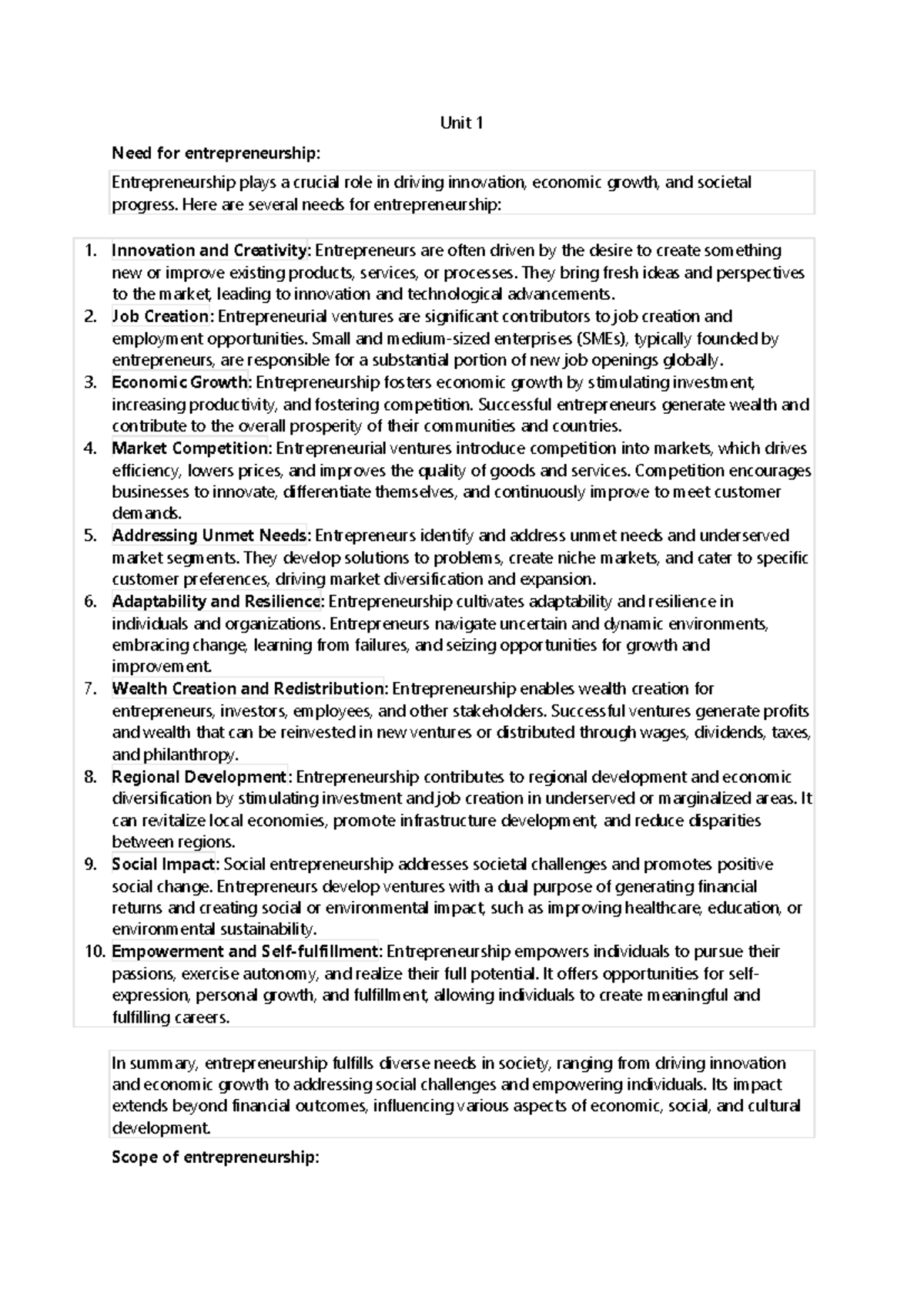 PME - Unit 1 Need for entrepreneurship: Entrepreneurship plays a ...