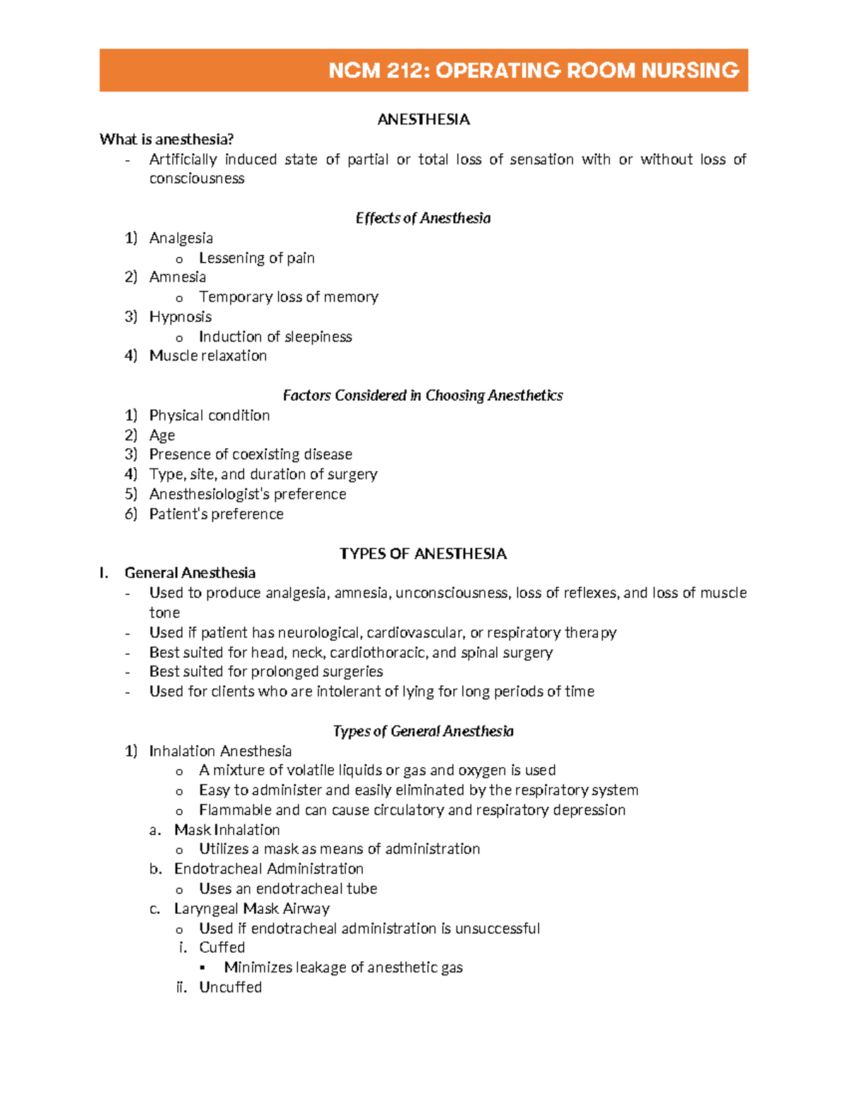 Operating ROOM Nursing 5 - ANESTHESIA What is anesthesia ...