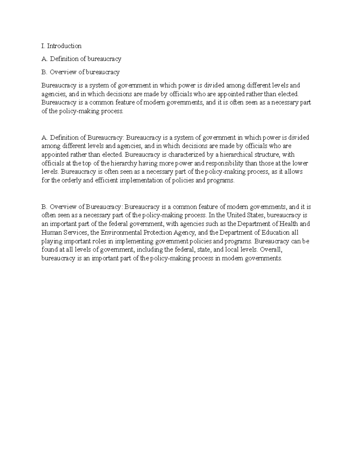 Bureaucracy 1 - I. Introduction A. Definition of bureaucracy B ...