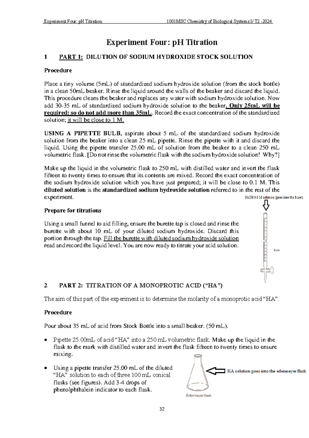 1001MSC Lab manual - Exp4 - Experiment Four: pH Titration 1 PART 1: DILUTION OF SODIUM HYDROXIDE ...
