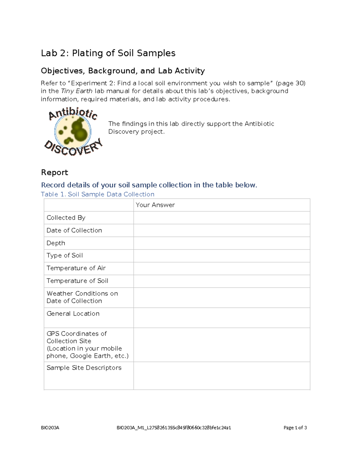BIO203A M1 L2 Soil Plating Report - Lab 2: Plating of Soil Samples ...