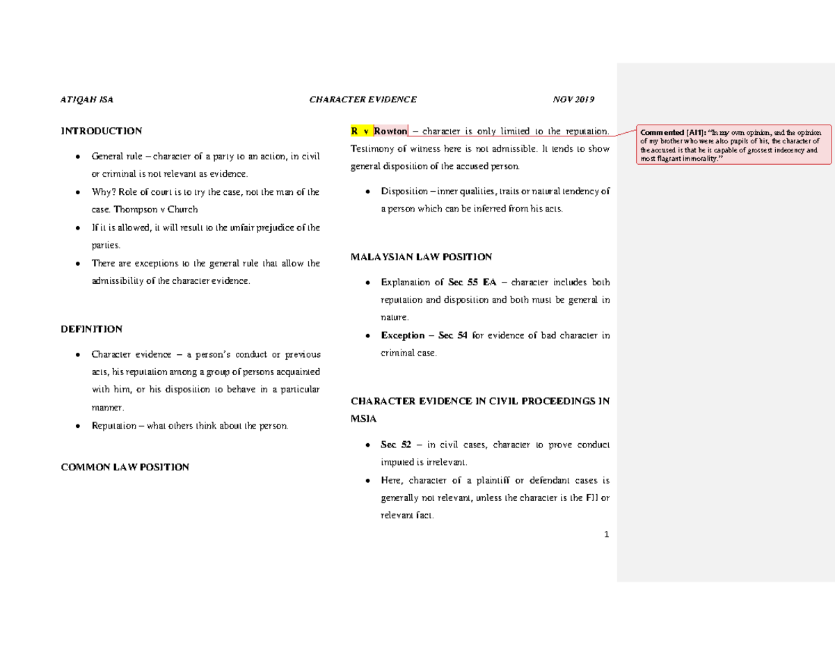 Evidence Law II - CHARACTER EVIDENCE - Warning: TT: undefined function: 32 Warning: TT ...