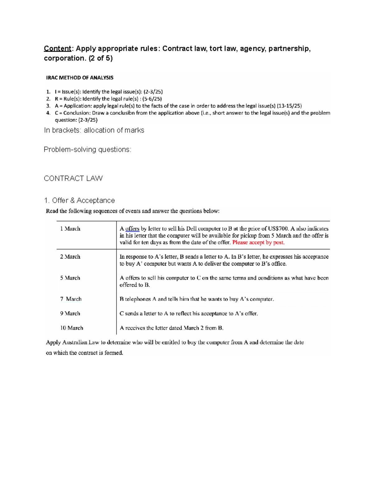 Case-IRAC method - Content: Apply appropriate rules: Contract law, tort ...