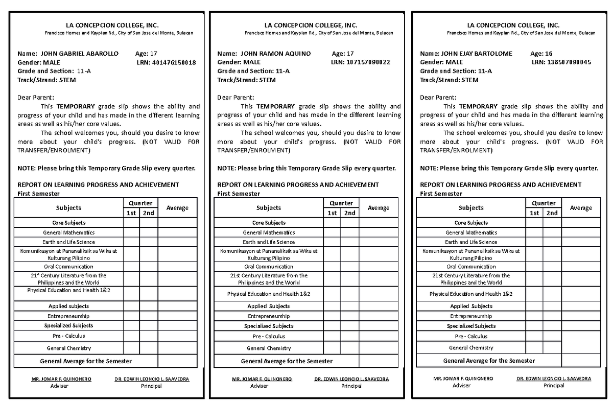 Temporary-CARD-SLIP1 - LA CONCEPCION COLLEGE, INC. Francisco Homes and ...
