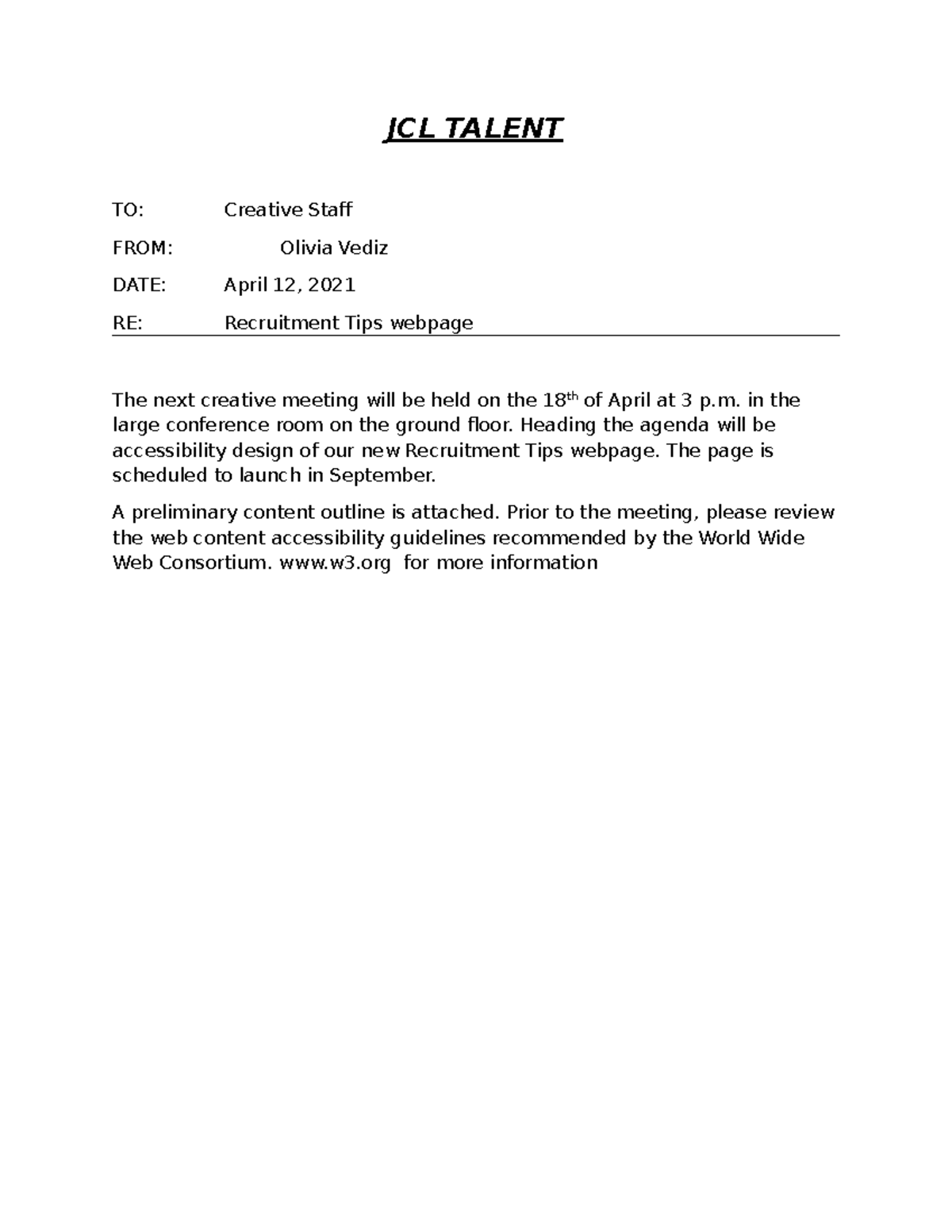 IL WD MEMO - yep - JCL TALENT TO: Creative Staff FROM: Olivia Vediz ...