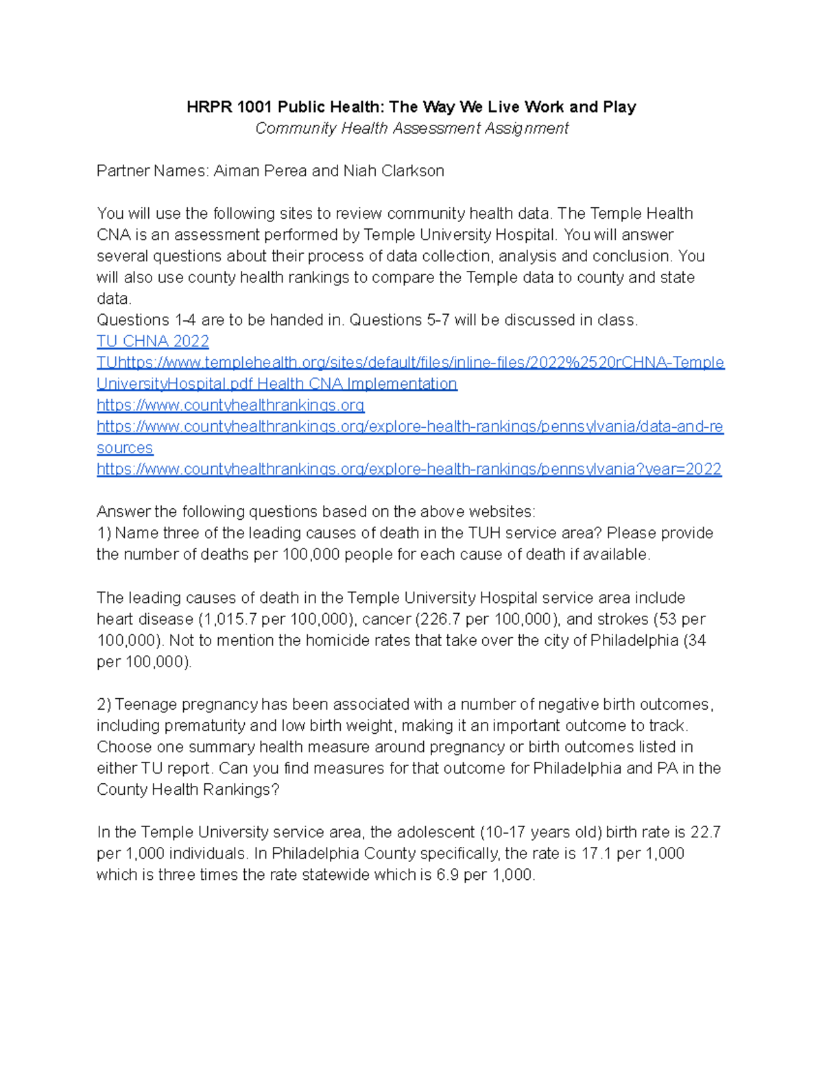 CHNA Worksheet - assignment - HRPR 1001 Public Health: The Way We Live Work and Play Community ...