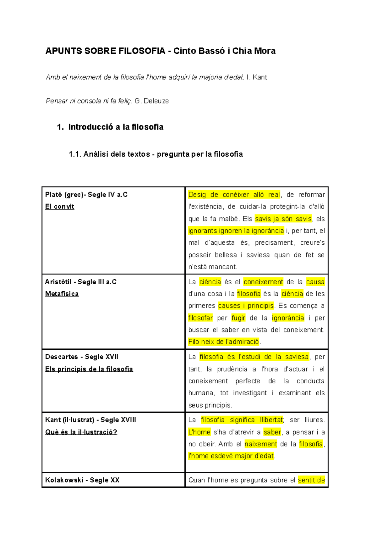 Apunts FILO - APUNTS SOBRE FILOSOFIA - Cinto Bassó i Chia Mora Amb el naixement de la filosofia ...