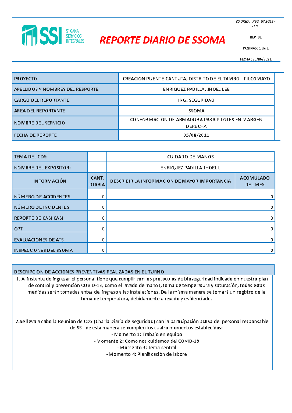 Reporte Diario DE Ssoma - Seguridad - Studocu