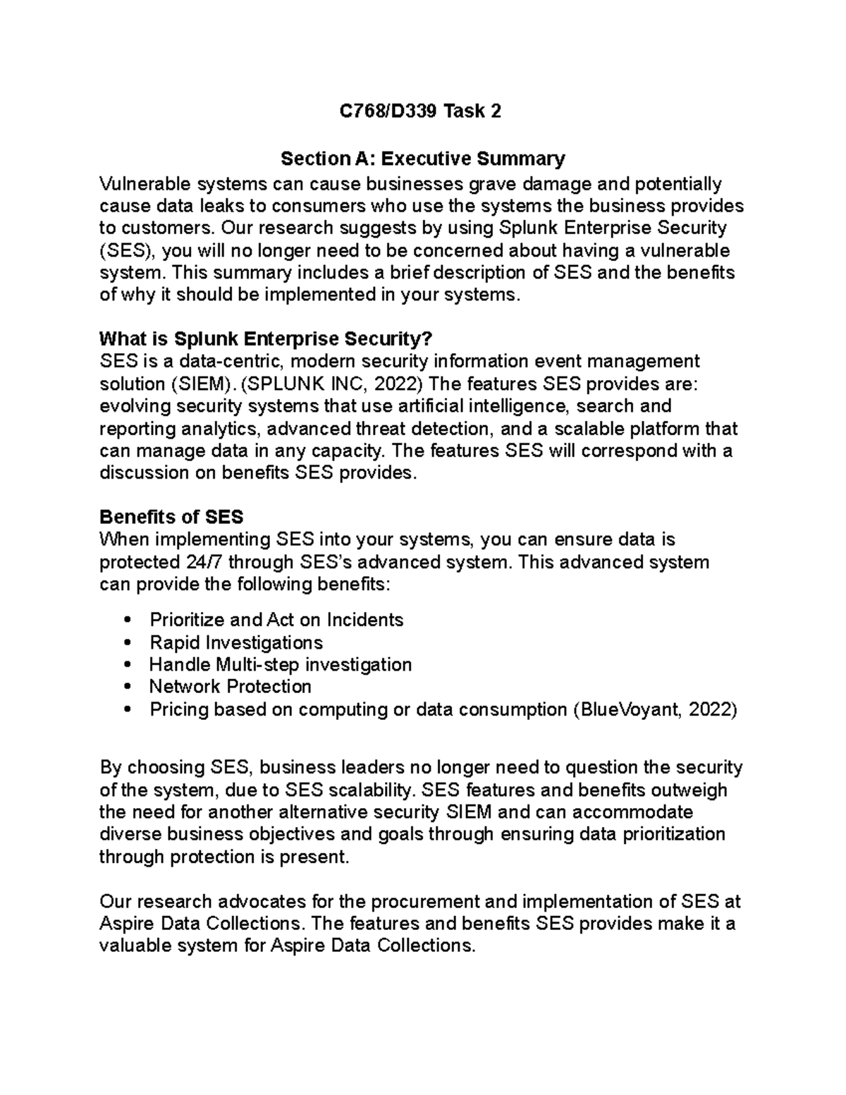 C768 Task 2 COMPLETE - C768/D339 Task 2 Section A: Executive Summary ...