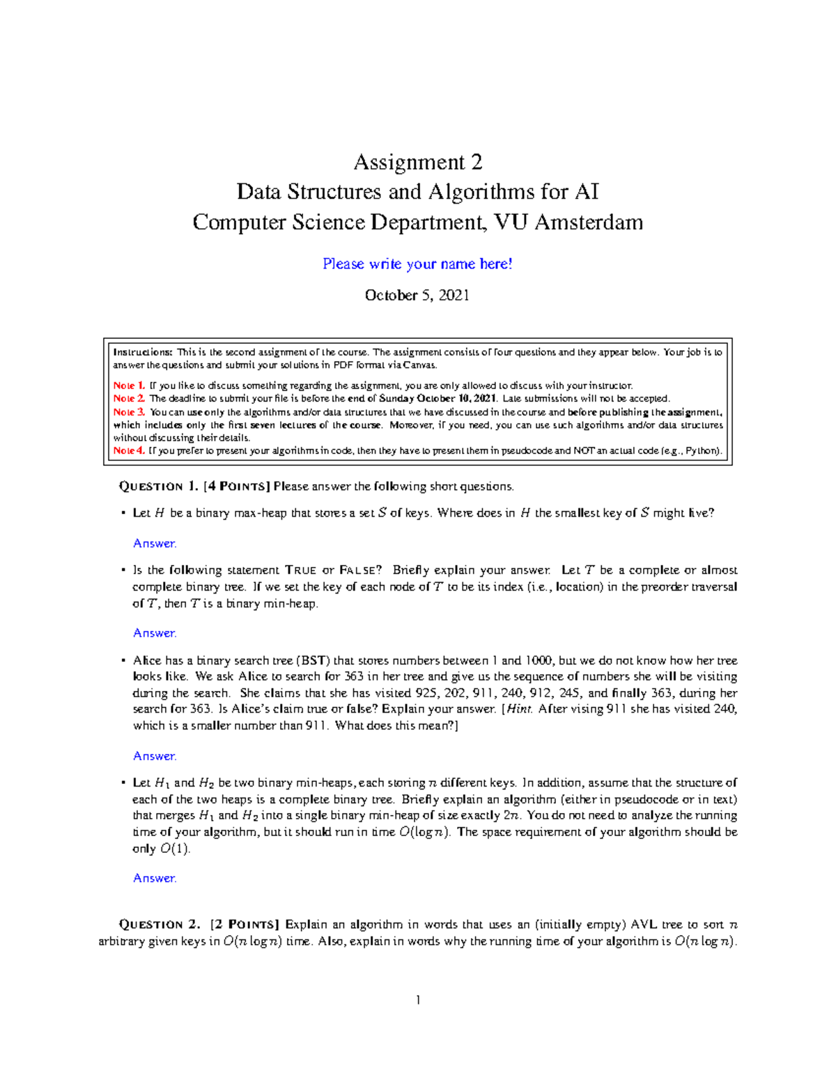 Assignment 2 - oefenmateriaal algorithm designs - Assignment 2 Data ...
