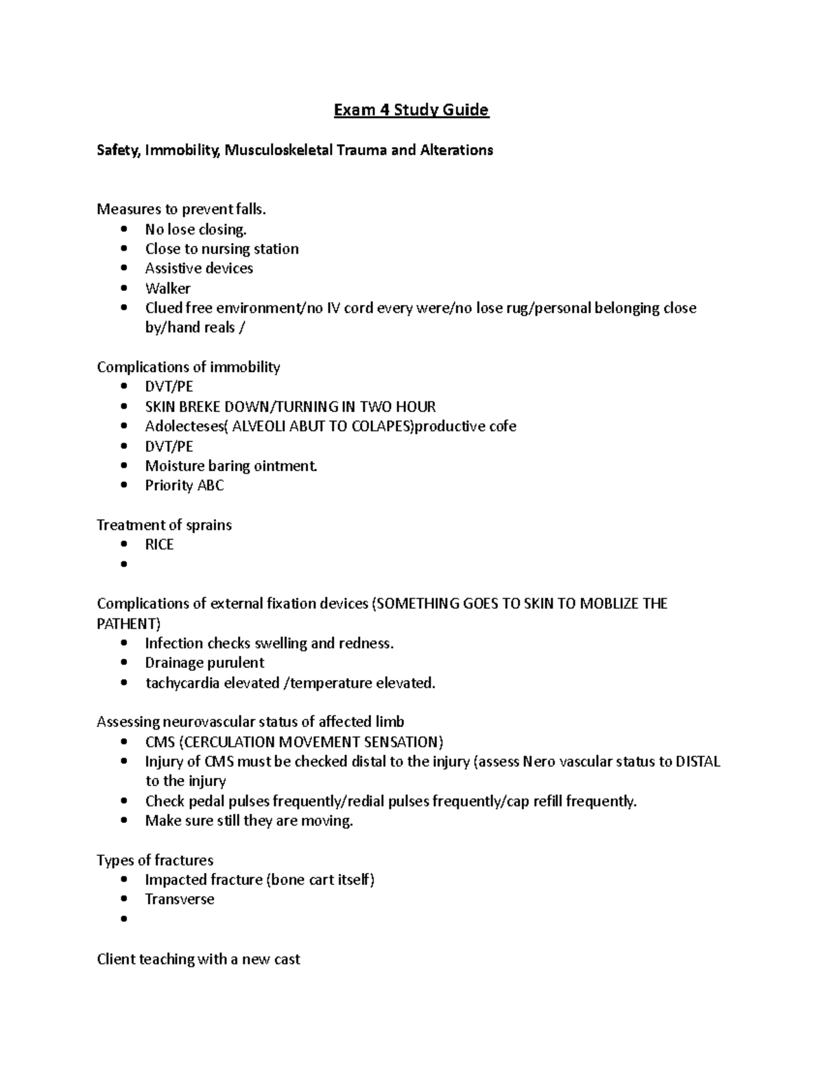 Exam 4 Study Guide - good note - Exam 4 Study Guide Safety, Immobility ...