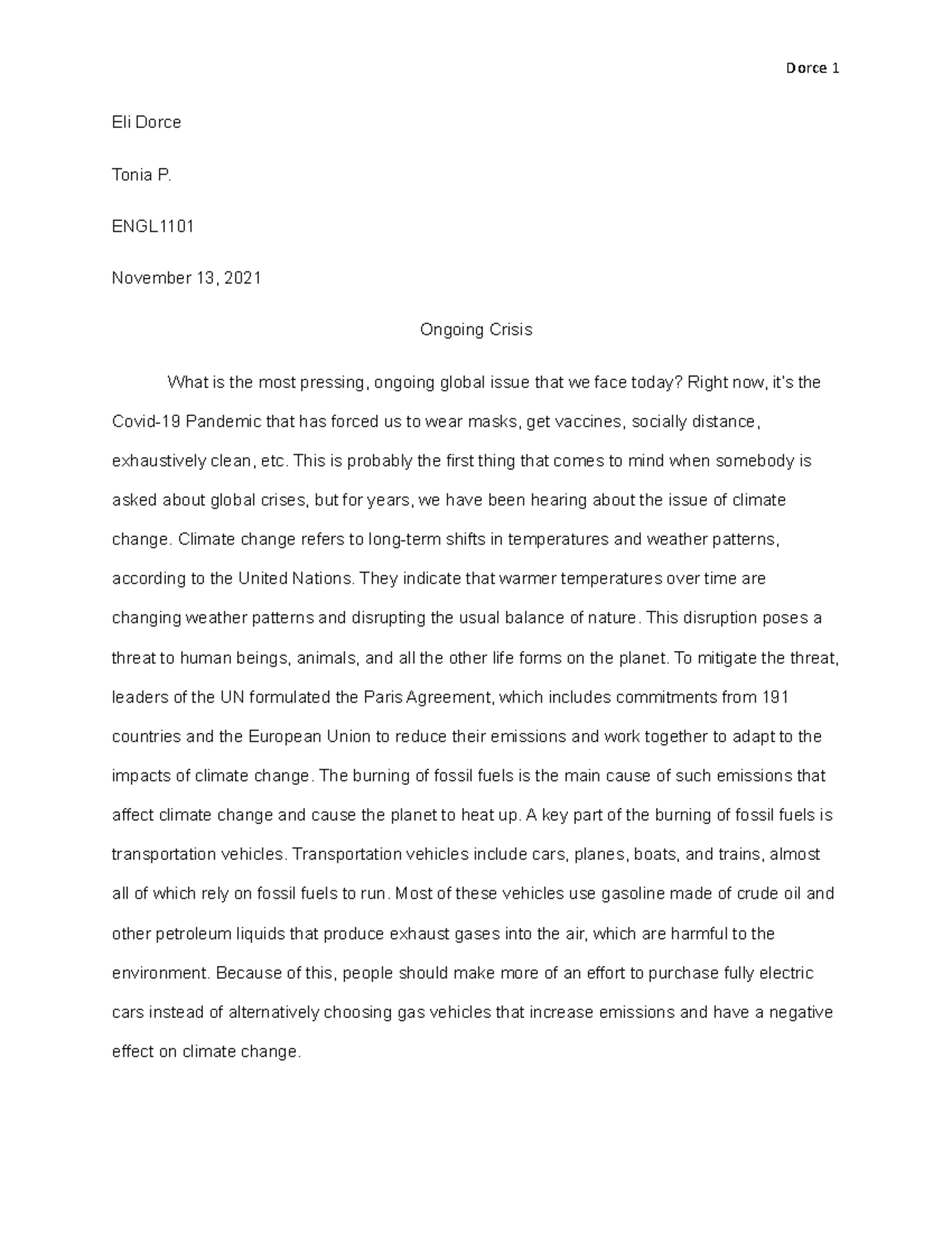 Eli Paper 2 - Eli Dorce Tonia P. ENGL November 13, 2021 Ongoing Crisis ...