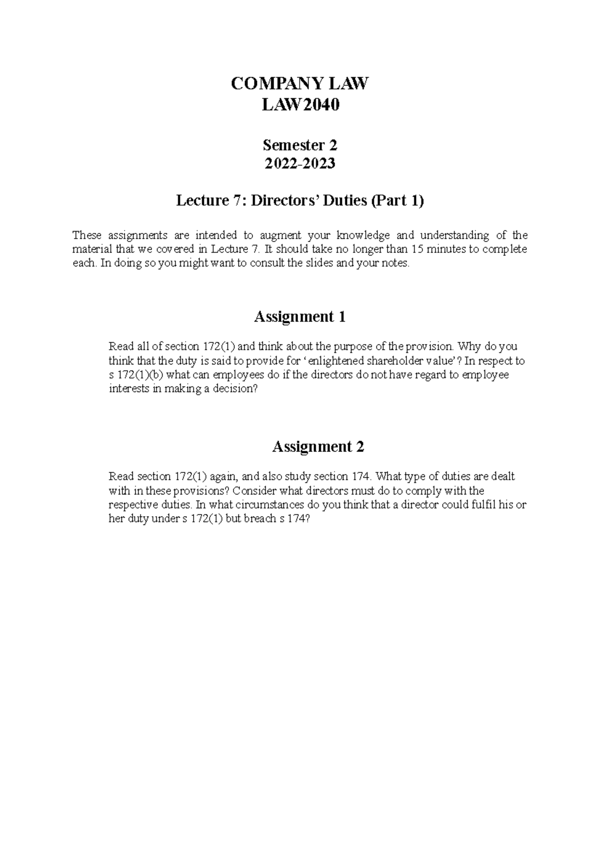 Lecture 7 assignments - copy - COMPANY LAW LAW Semester 2 2022- Lecture ...