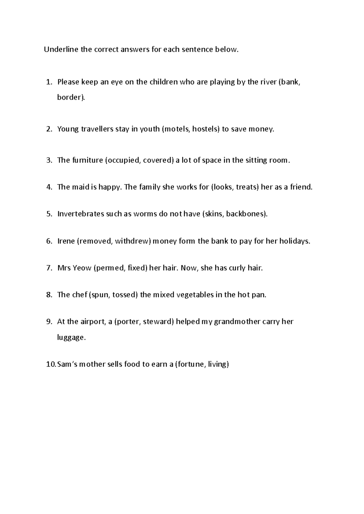 Vocabulary Exercise - Underline the correct answers for each sentence ...