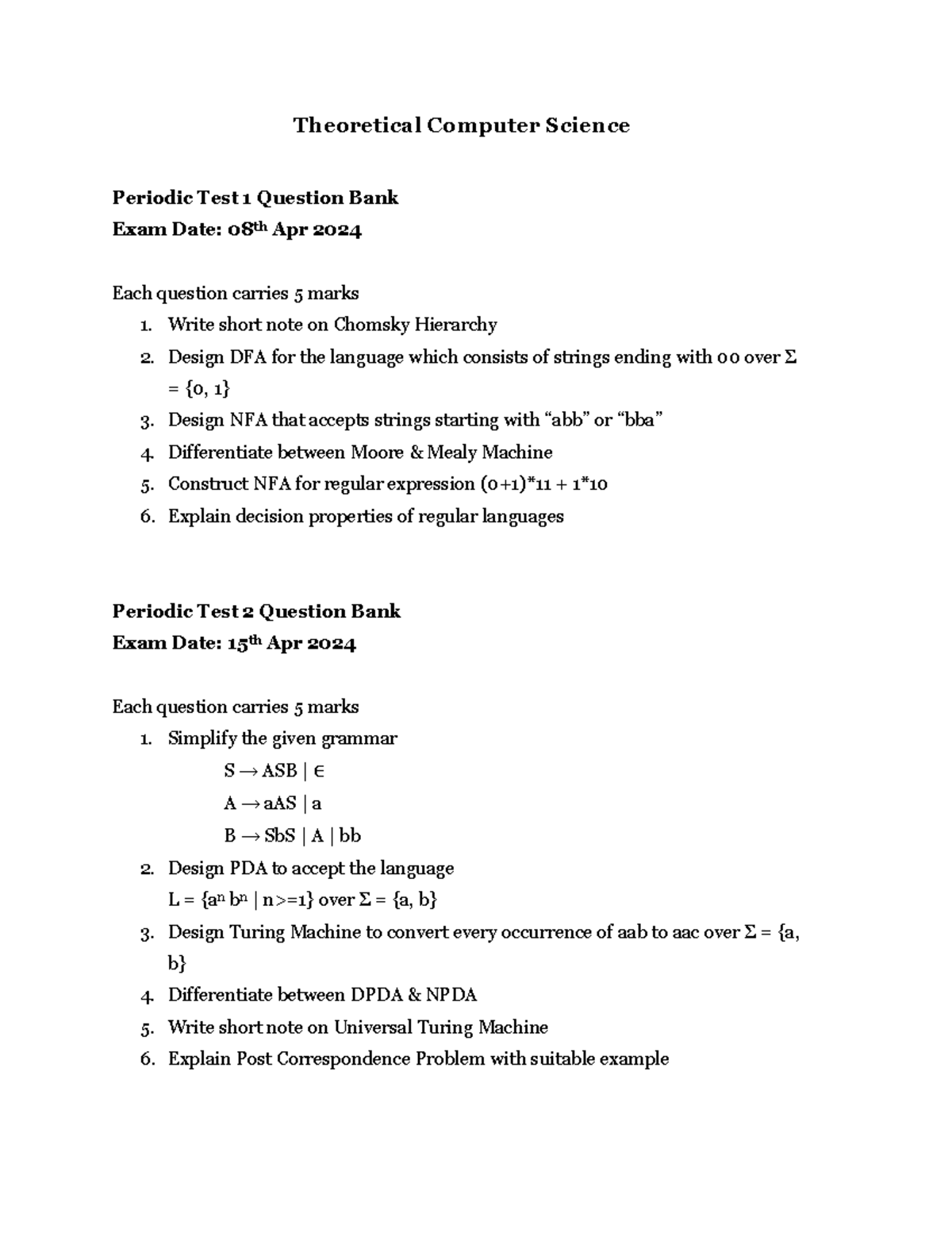 Question Bank PT 1 and PT 2 - Theoretical Computer Science Periodic ...