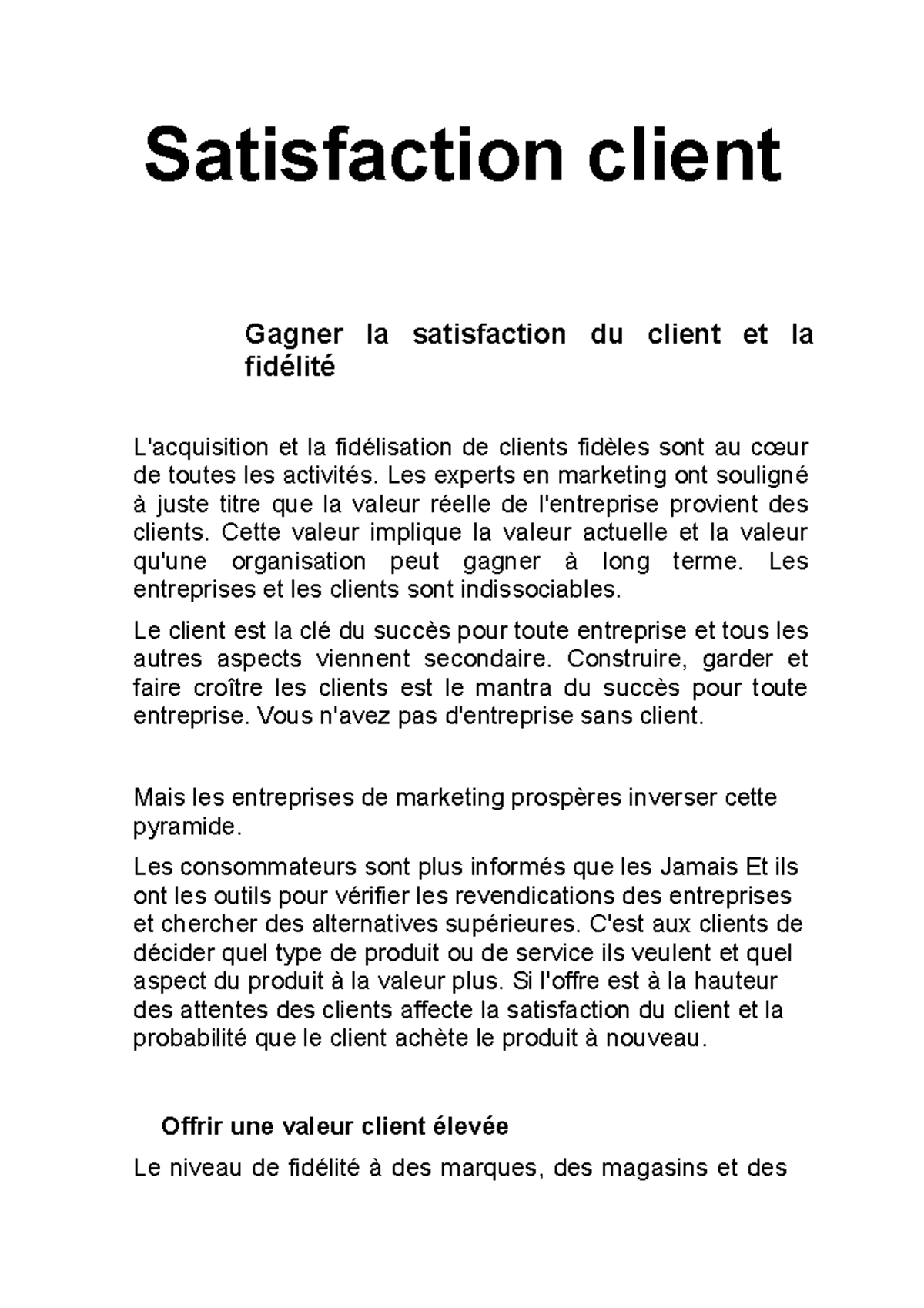 Notes de cours - Satisfaction client - Satisfaction client Gagner la ...