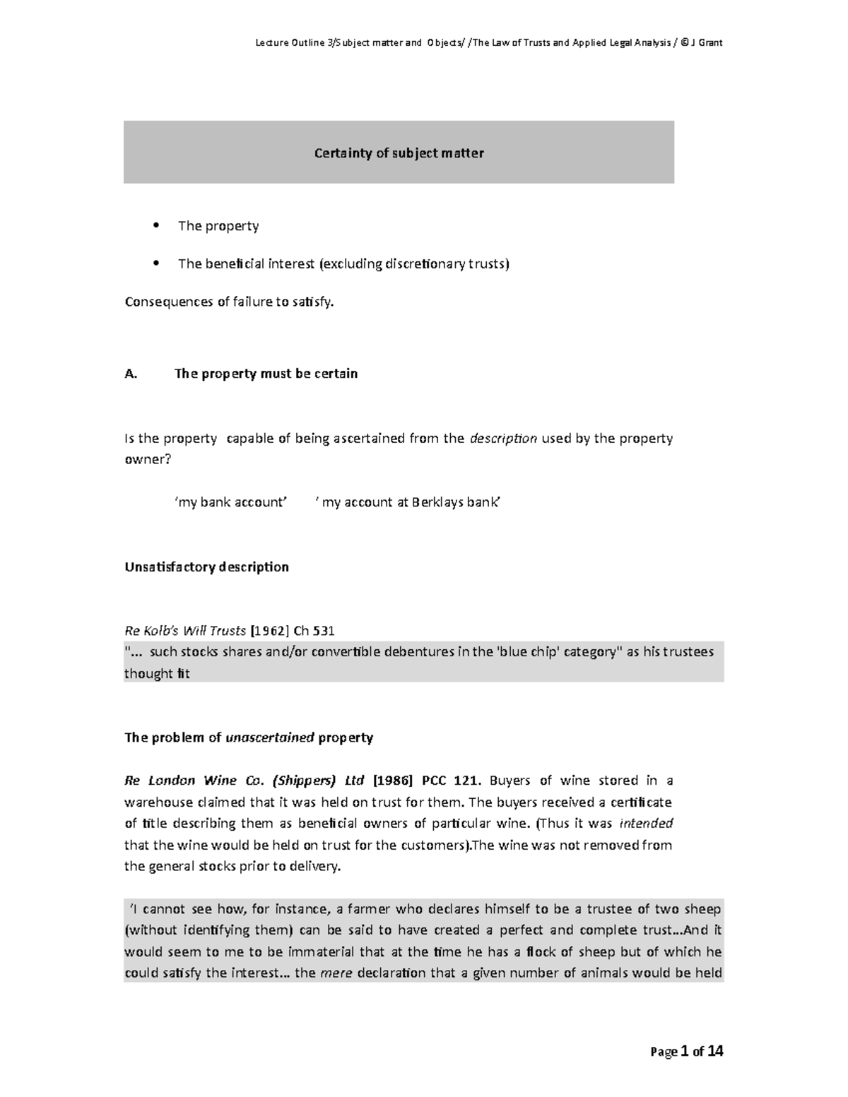 (3)Certainty of Subject matter and Certainty of objects - Lecture Outline matter and Law of ...