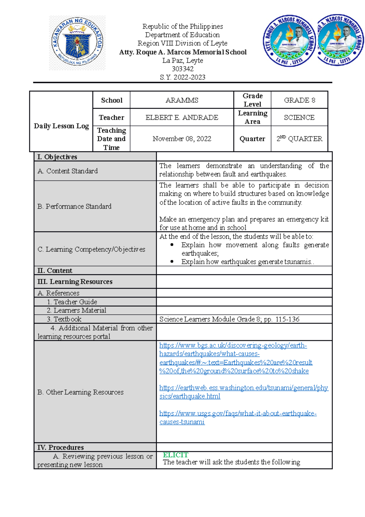 Lesson Plan- faults generates earthquake 113050 - Republic of the ...
